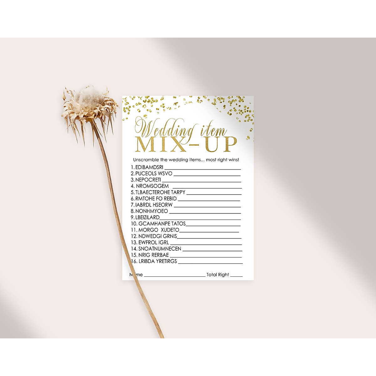 Black and Gold Bridal Shower Word Scramble Game Unscramble Wedding Phrases, Modern Confetti, 4x6 Cards, 25 Guest Pack