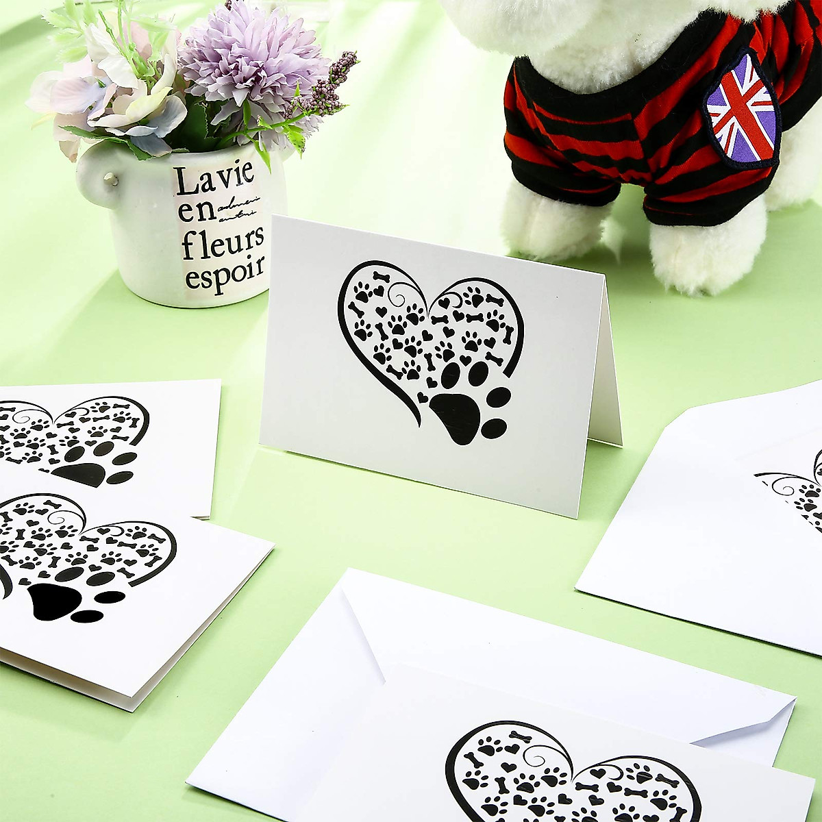 48 Pcs Paw Printed Note Cards Set, 24 Paw Printed Note Cards Heart Paw Thank You Card Paw Print Blank Greeting Card with 24 White Envelopes Animal Lovers Pet Shop Pet Birthday Party (Black and White)