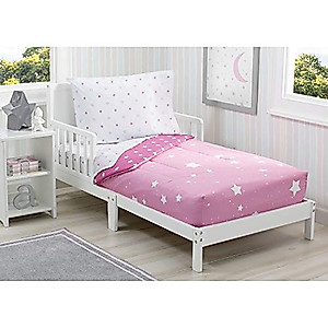 Delta Children 4 Piece Toddler Bedding Set for Girls - Reversible 2-in-1 Comforter - Includes Fitted Comforter to Keep Little Ones Snug, Bottom Sheet, Top Sheet, Pillow Case - Pink Blushing Star