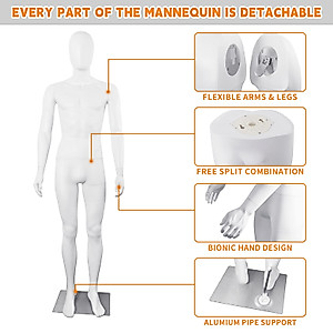 SHAREWIN Male Mannequin Dress Form Mannequin Body Faceless 73 Inches Adjustable Mannequin Dress Model Full Body Plastic Detachable Mannequin Stand Display Mannequin Head Metal Base (White)
