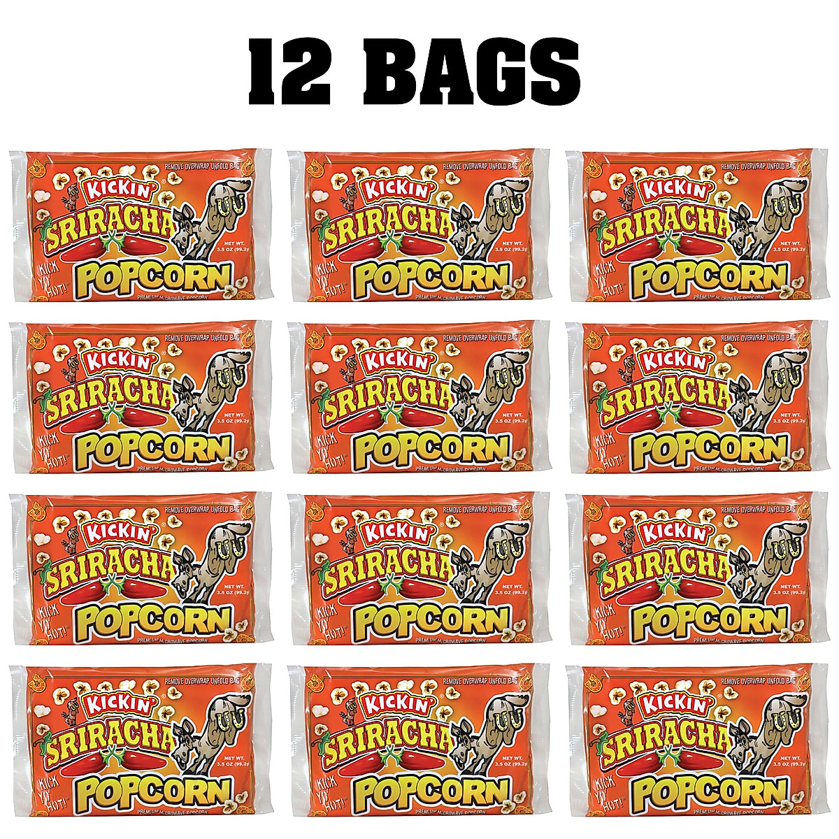 KICKIN' Sriracha Microwave Popcorn Bags - 12 Pack - Ultimate Spicy Popcorn Gourmet Gift - Makes a Great Movie Theater Popcorn or Sriracha Snack Food for Movie Night