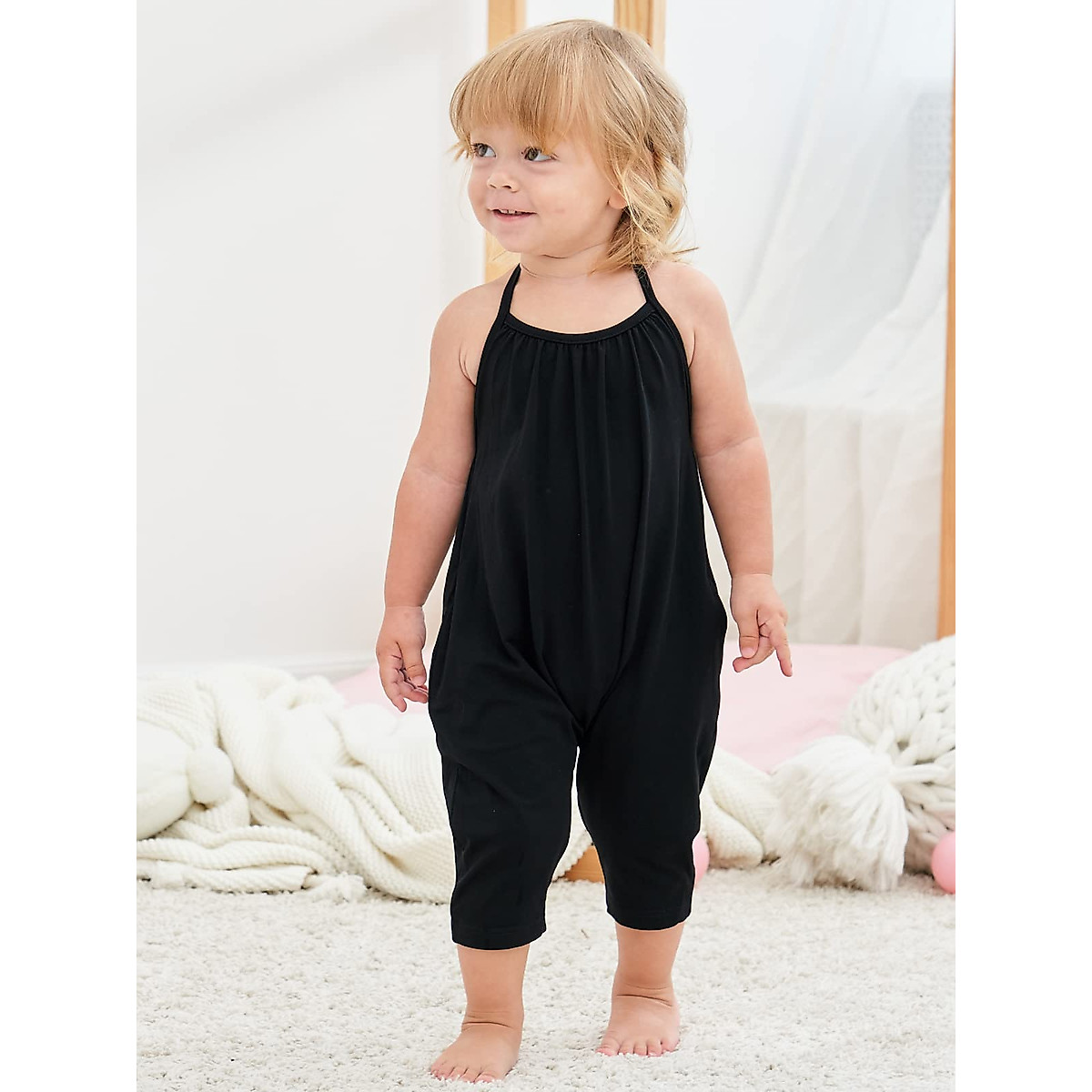 Lindanina Slouch Jumpsuit for Toddlers Harem Strap Romper Little Girls Backless Halter Playsuit with Pockets Cute Solid One Piece(Black, 2-3T)