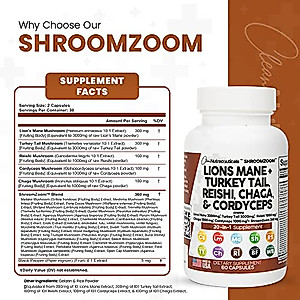 Lions Mane 3000mg 20in1 Mushroom Supplement with Turkey Tail 2000mg Reishi 1000mg Cordyceps Chaga 1000mg Maitake Meshima Poria Cocos Shiitake Oyster Porcini Enoki Cognitive, Energy, Focus Pills USA