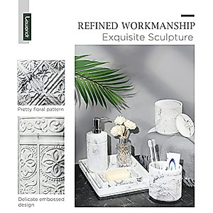 Lewondr Bathroom Accessories Set, 5-Piece Resin+Grit Embossed Bath Countertop Set with Vanity Tray, Soap Dish, Soap & Lotion Dispenser, Cotton Jar, Divided Toothbrush Holder - White