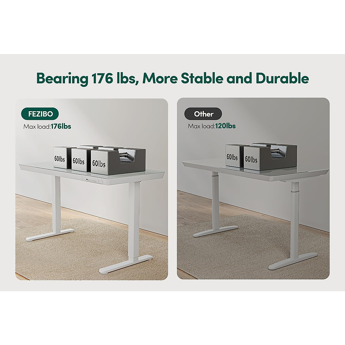 FEZIBO 55 × 24 Electric Standing Desk with Drawers, Whole-Piece Glass Adjustable Height Desk, One-Piece Quick Install Adjustable Sit Stand Desk, White