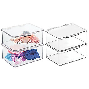 mDesign Plastic Cosmetic Storage Organizer Box Containers, Hinged Lid for Bedroom, Bathroom Vanity Shelf or Cabinet, Holds Masks, Palettes, Nail Polish, Lumiere Collection, 4 Pack - Clear