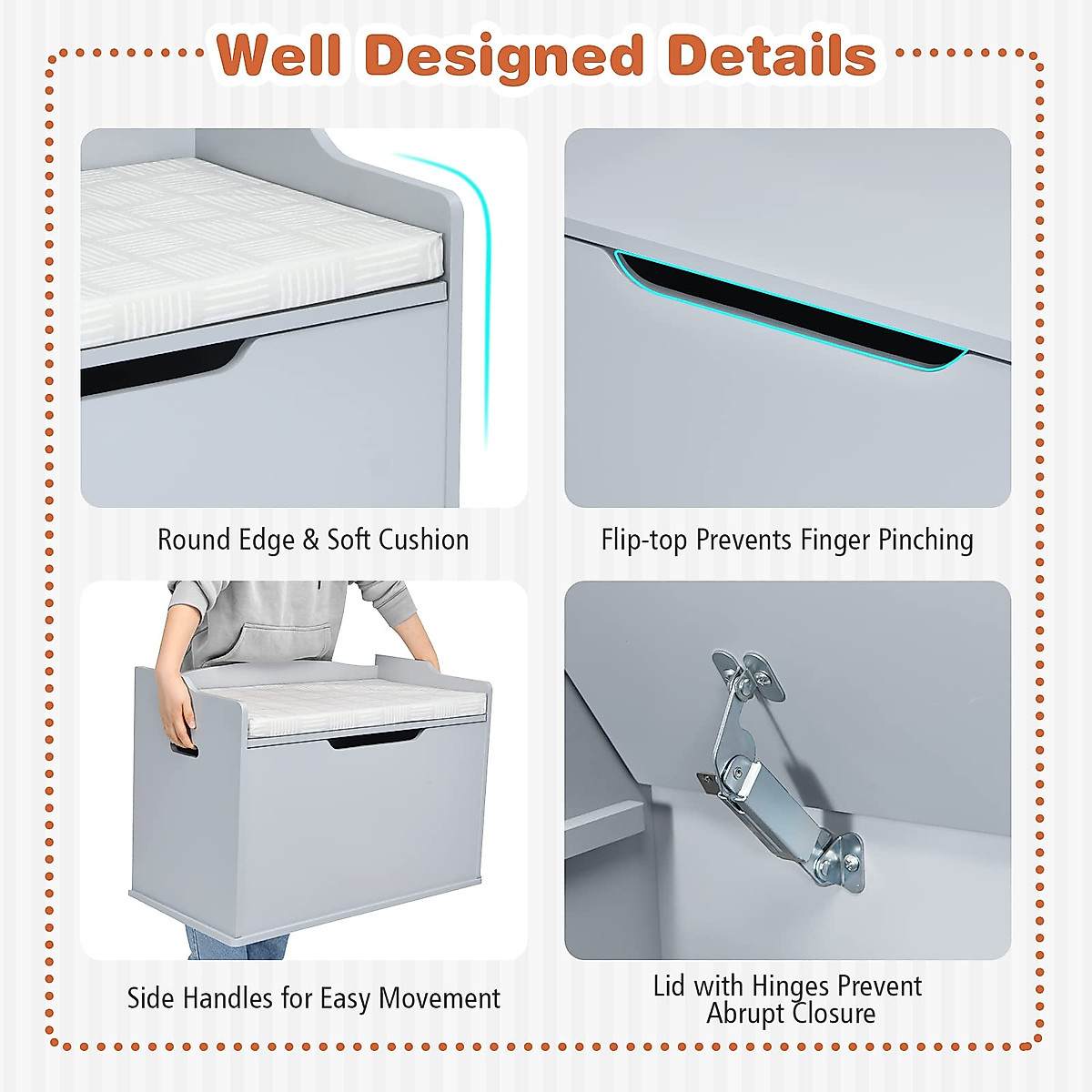 Costzon Kids Wooden Toy Chest, Wide Toy Box Storage Chest with Bench Seat, Toy Storage Trunk Case with Finger-Pinch Prevention, Lift-Top Foot Rest Seat for Toddler Bedroom Playroom Entry (Grey)