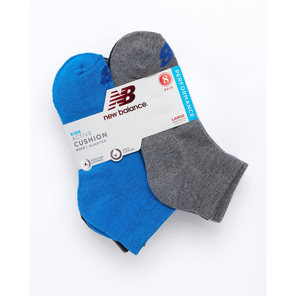 New Balance Boys' Quarter Socks - 8 Pack Performance Cushion Comfort Socks - Athletic Quarter Socks for Boys (4-12), Size Medium, Blue Assorted