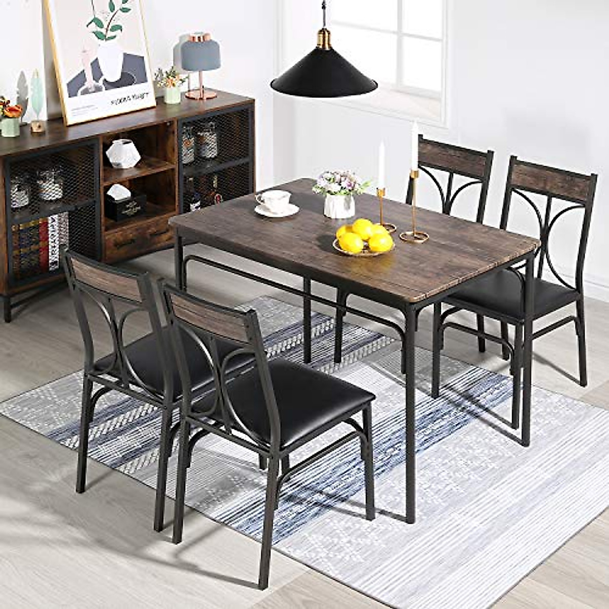 VECELO 5 Piece Kitchen Room Chairs Set for Home, Dinette, Breakfast Nook, Farmhouse, Small Space, Dining Table for 4, Dark Brown