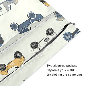 AUUXVA Wet Dry Bag 2 Pack Vintage Car Pattern Print Waterproof Kids Baby Cloth Diaper Wet Bags Organizer Pouch Zippered Pockets Yoga Gym Wet Dry Bag for Travel Swimsuits
