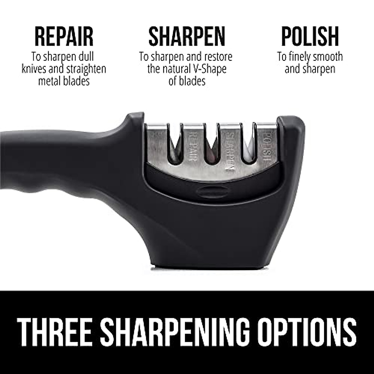 Gorilla Grip Easy to Use Knife Sharpener, 3 Sharpening Options to Help Polish, Sharpen and Repair Kitchen Knives, Restore Dull Blades, Slip Resistant Handle, Professional Chef Quality, Jet Black