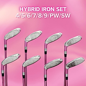 Majek Pink Senior Ladies Golf Hybrids Irons Set New Senior Women Best All True Hybrid Ultra Light Weight Forgiving Fuchsia Woman Complete Package Includes 4 5 6 7 8 9 PW SW All Lady Flex Utility Clubs