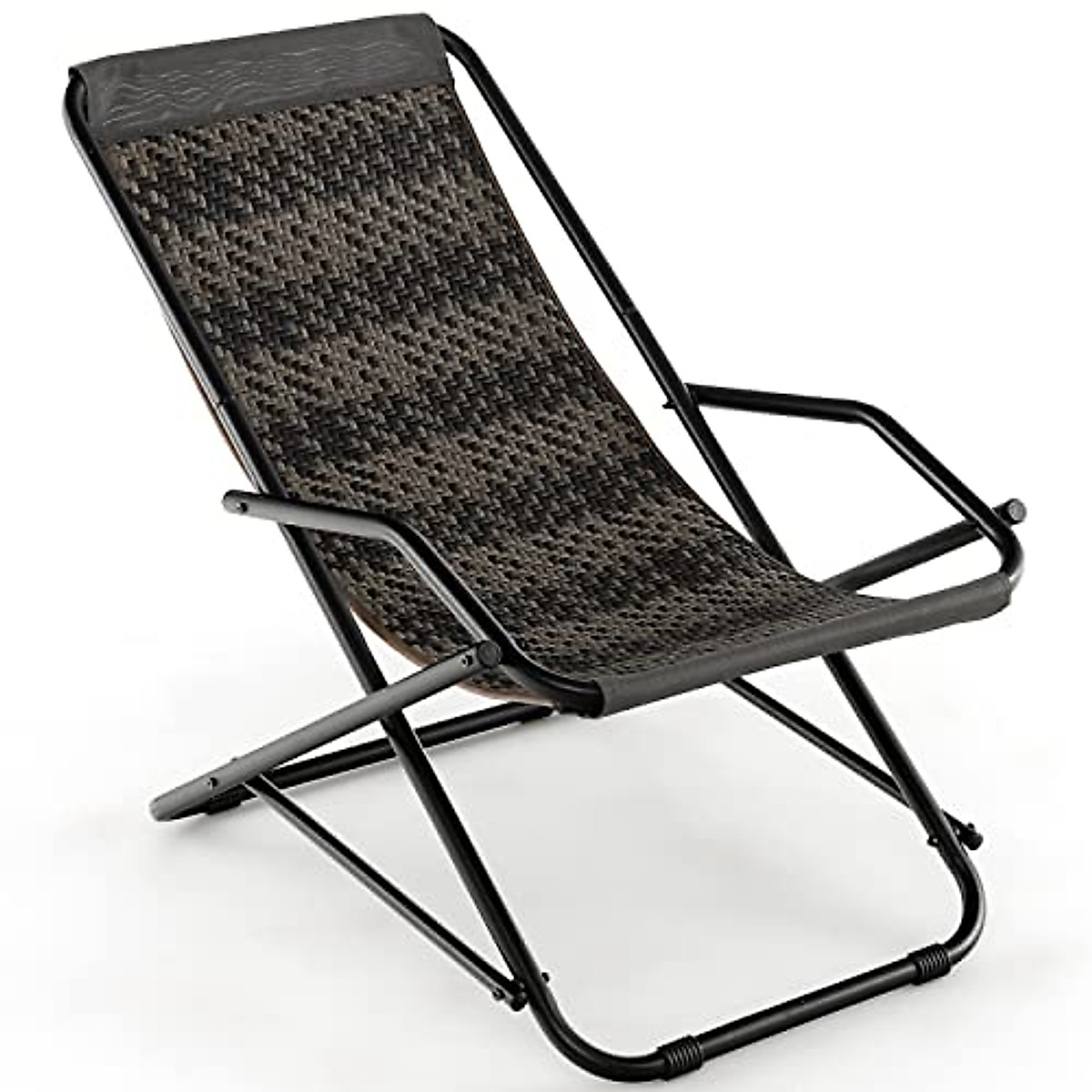 Tangkula Wicker Sling Chair Outdoor, Patio Deck Chair with Rattan Seat, Metal Frame, Armrests, Portable Folding Beach Chair for Porch, Poolside, Balcony, Garden