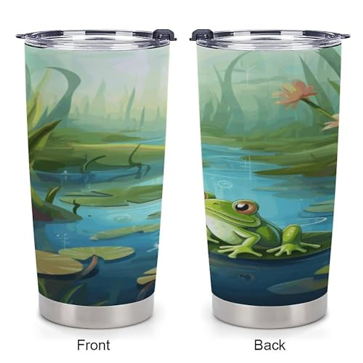 FHENMSA Reusable Plastic Water Cups with Lids,Frog in A Pond Print Anti-overflow Cup,sports Travel Coffee Cup