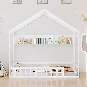 P PURLOVE Full Size House Floor Bed Frame with Storage Shelf, Full Size Montessori Floor Bed with Fence for Kids,Girls,Boys,Wood Floor House Bed with Roof for Kids,White