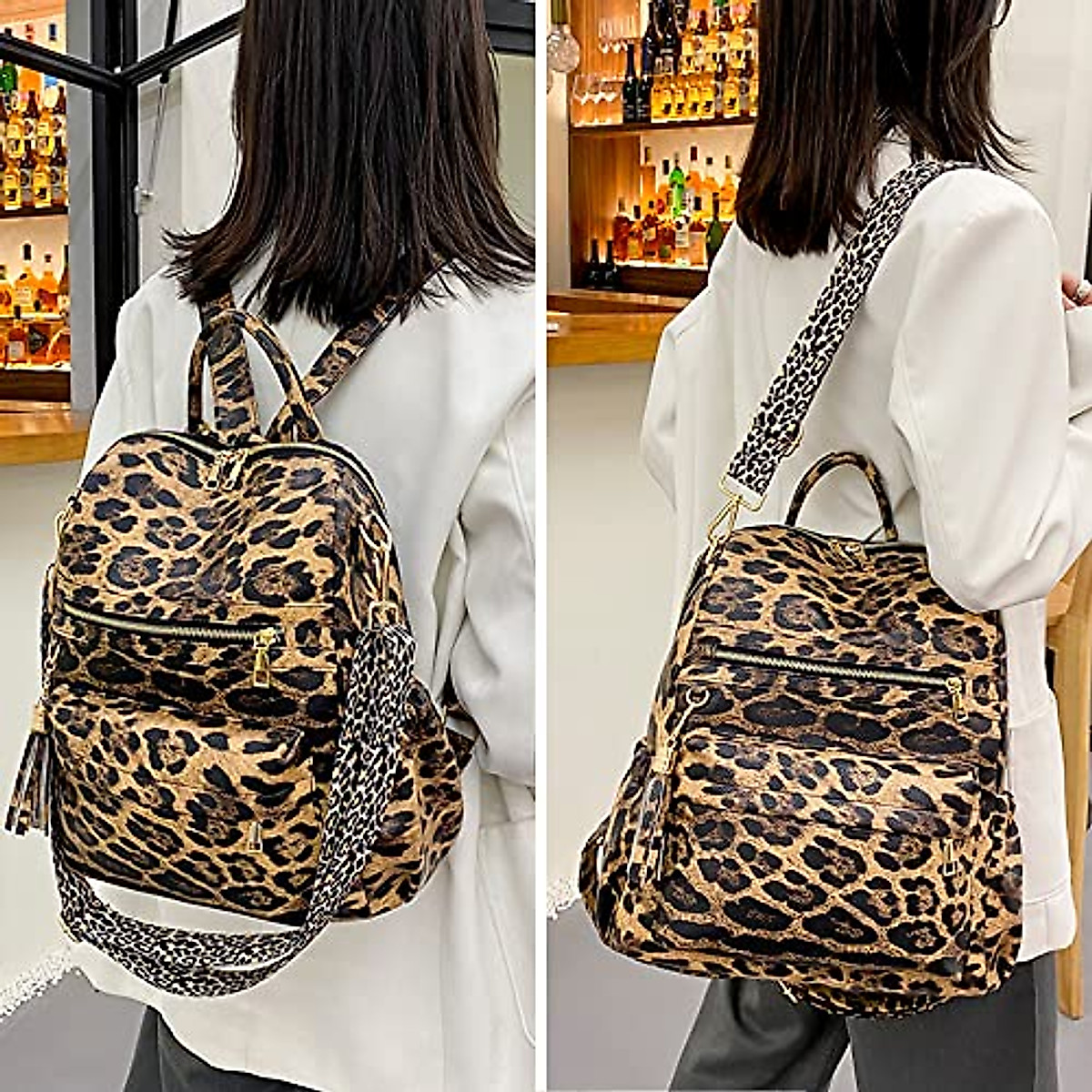 Women Fashion Backpack Purse, Convertible Daypack Colorful Strap Shoulder Handbags (Leopard Tassel)