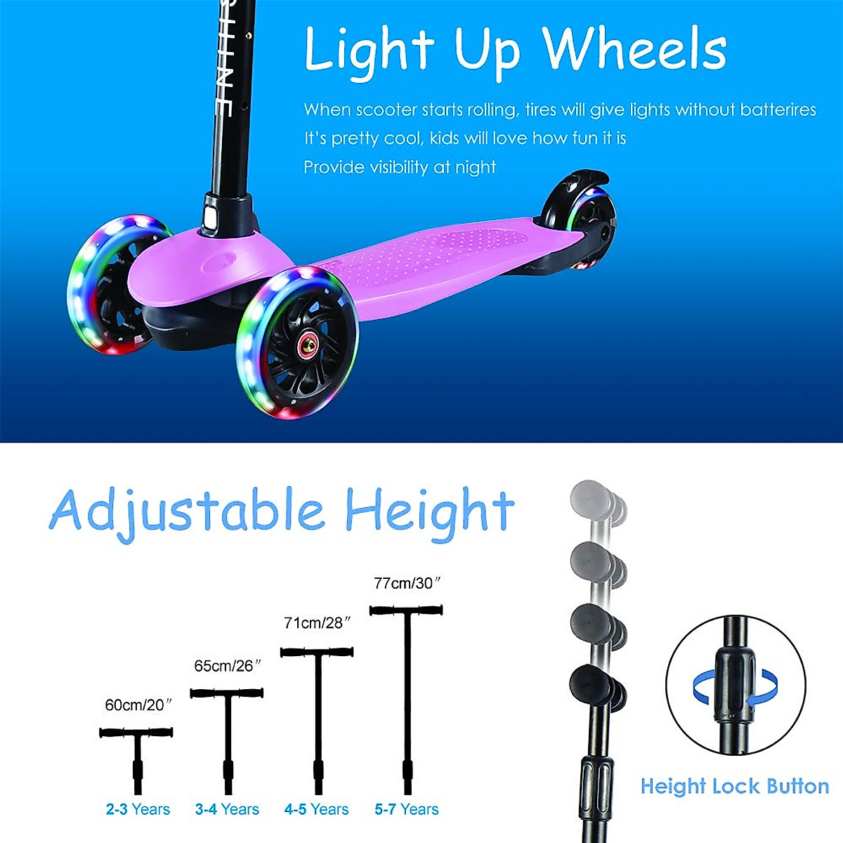 Kids Kick Scooters for Toddlers Boys Girls Ages 2-5 Years Old, Adjustable Height, Extra Wide Deck, Light Up Wheels, Easy to Learn, 3 Wheels Scooters, Pink