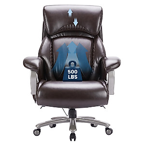 Big and Tall Office Chair 500lbs-Heavy Duty Ergonomic Computer Chair with Extra Wide Seat, High Back Executive Large Desk Chair with Thick Bonded Leather and Tilt Rock, Adjustable Lumbar Support-Brown