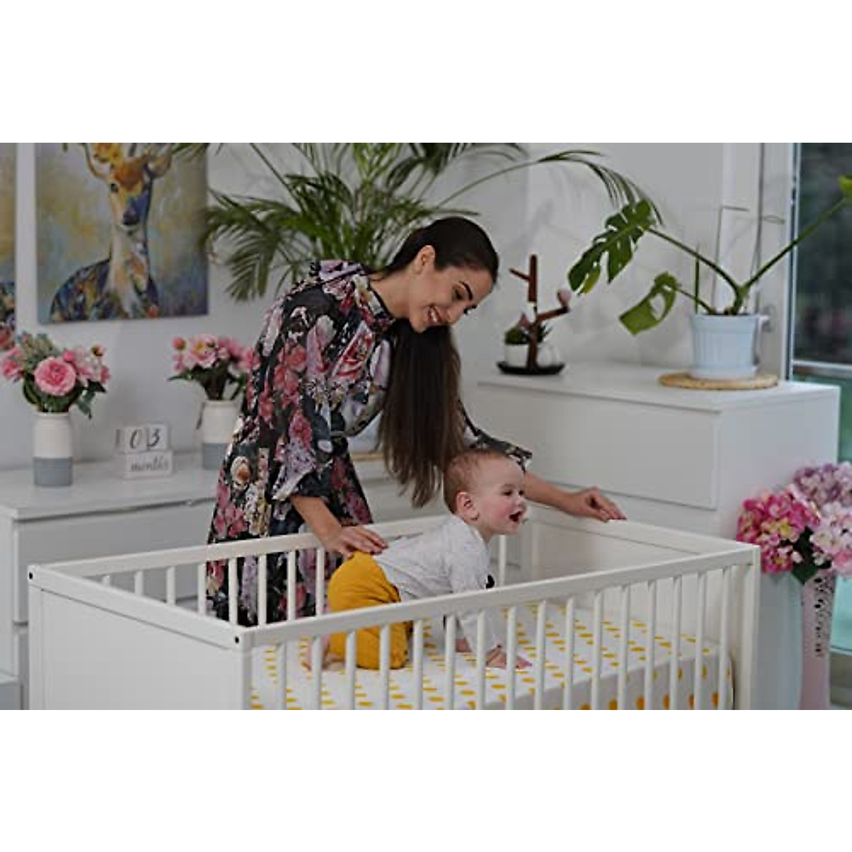 BaeBae Goods Crib Sheets for Baby Boys and Girls, 4 Pack, Soft and Breathable Jersey Knit Fitted Sheet Set, Cute Gender Neutral Nursery Mattress Bedding, Universal Fit (Gold Dots)