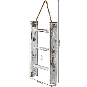 MyGift Wall-Leaning Rustic Gray with White Finish Wood Ladder-Style Blanket Rack & MyGift 3-Tier Mini Whitewashed Wood Wall-Hanging Hand Towel Storage Ladder with Rope