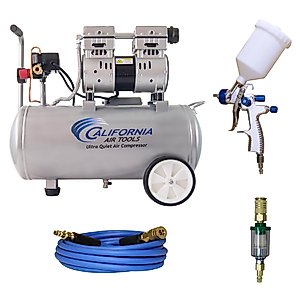 California Air Tools 8010 PK 1.0 HP Ultra Quiet and Oil-Free Air Compressor and LVLP Spray Painting Kit, 8 Gallon Steel Tank, Lightweight with Wheels, 60 dBA Noise Level