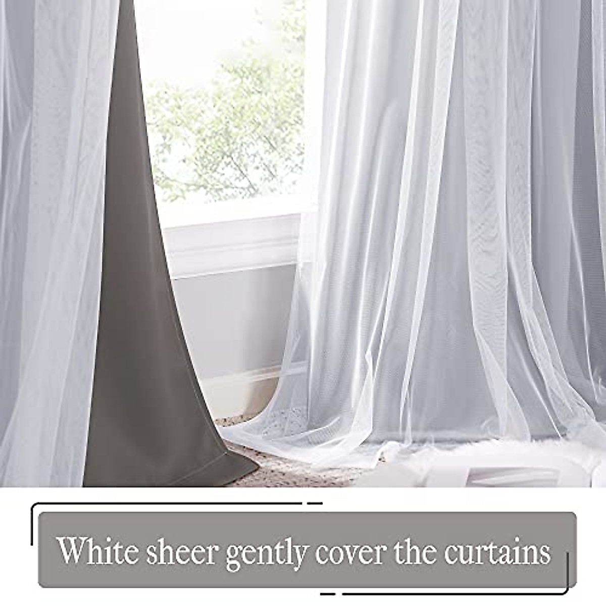 PONY DANCE Living Room Curtains - Blackout Curtains Grey Ombre with White Sheer Overlay Thermal Insulated Mix & Match for Home Decoration with Tie Ropes, W52 x L84 inch, 2 Panels