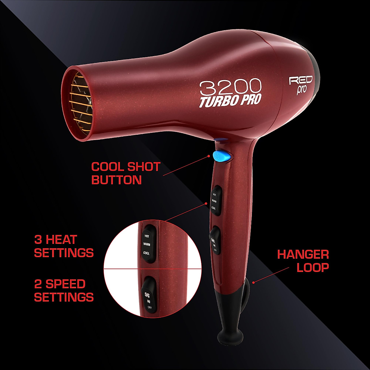 RED PRO 3200 Turbo Pro Detangler AC Hair Dryer, 3 Heat/2 Speed Settings, Cool Shot Button, Powerful Airflow, 3 Additional Styling Attachments with Detangling Pik