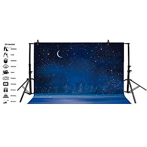 Yeele 8x6ft Winter Night Snowfall Snowflake Photography Backdrops Starry Sky Moon Blurry Fir Trees Pine Forest Background Merry Christmas Happy New Year Party Banner Decoration Studio Props