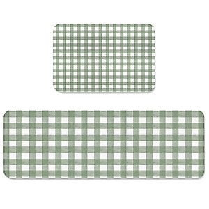 Sage Green Buffalo Plaid Kitchen Rug Set 2 Pieces Non-Slip Entryway Doormat, Farmhouse Green White Checkered Cushioned Runner Rug Standing Floor Rugs Door Mats, (20" x 32"+20" x 63")