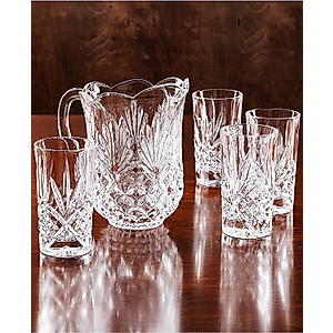 Elegant Crystal Pitcher Drinkware Set with 4 Crystal highball Tumblers, Beautiful Jug with handle and Spout for Chilled Beverage Homemade Juice, Iced Tea or Water