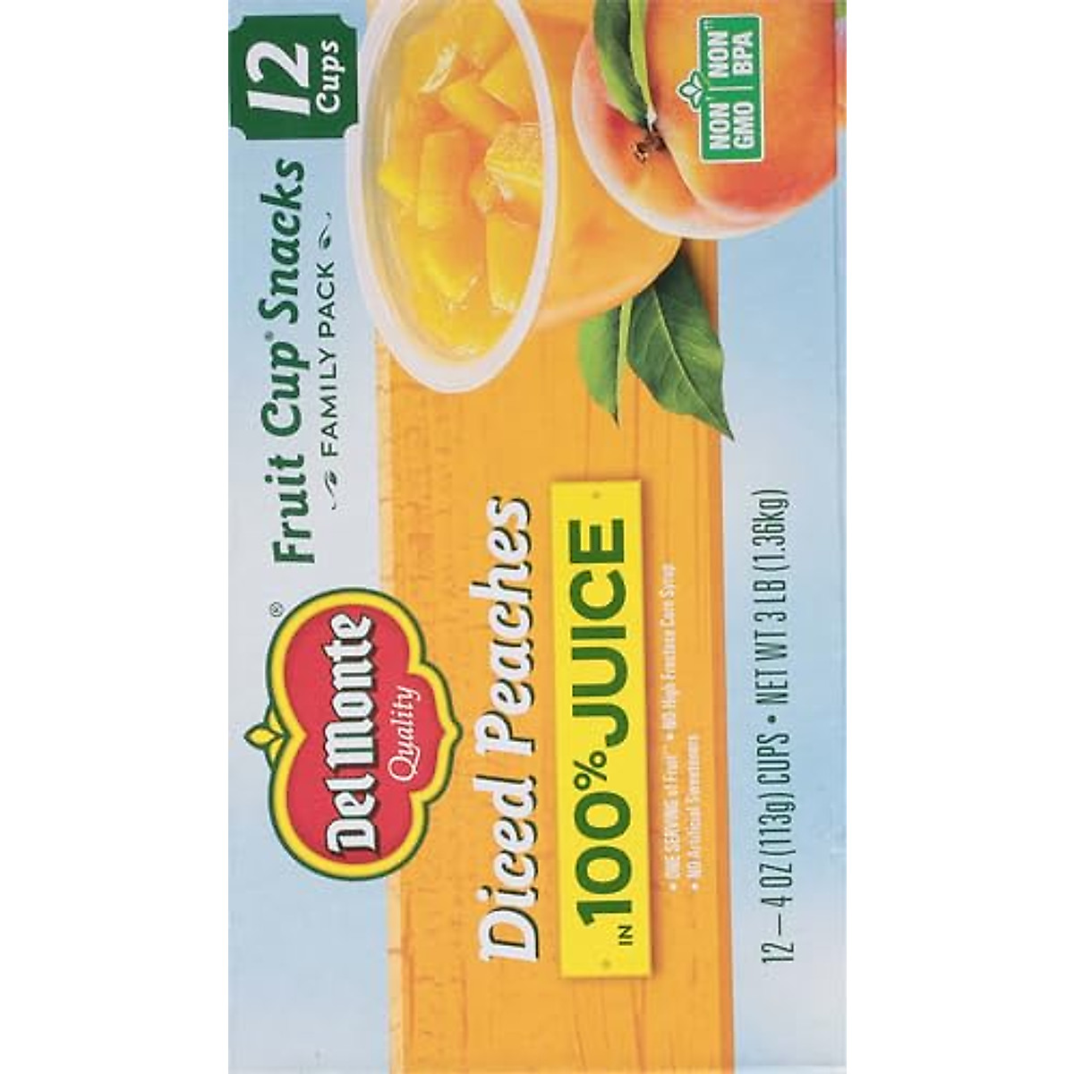 DEL MONTE Diced Peaches FRUIT CUP Snacks in 100% Fruit Juice, 12 Pack, 4 oz