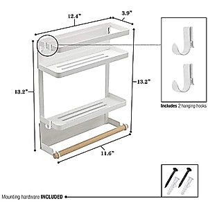Couah Magnetic Spice Rack , Magnetic Paper Towel Holder Kitchen with 2-Tier Magnetic Shelf and 1 Paper Towel Roll Holders for Magnetic Spice Rack for Refrigerator -White