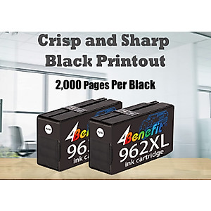 (Set of 2) 4Benefit Remanufactured Replacement HP 962XL 962 Ink Cartridge HP 962BK 962XLBK HP962 (Black x 2) Work in HP OfficeJet Pro 9020 9025 9026 9027 9028 9010 9012 9015 9018 Inkjet Printer