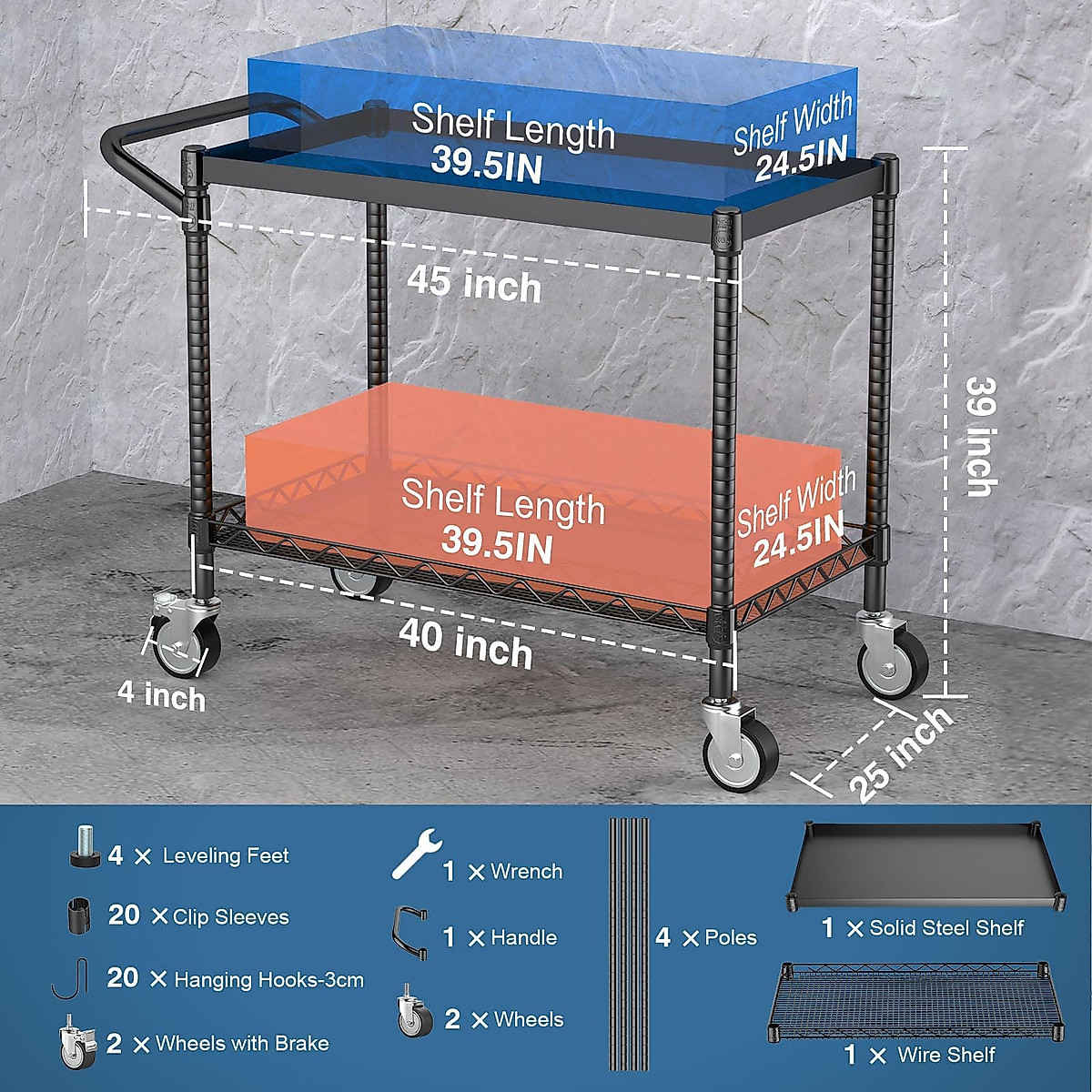 Leteuke 2 Tier Utility Cart with Wheels, NSF Certified 900LBS Capacity Heavy Duty Rolling Utility Carts with Handle Bar, Commercial Grade Metal Serving Storage Cart for Warehouse Kitchen, Gold