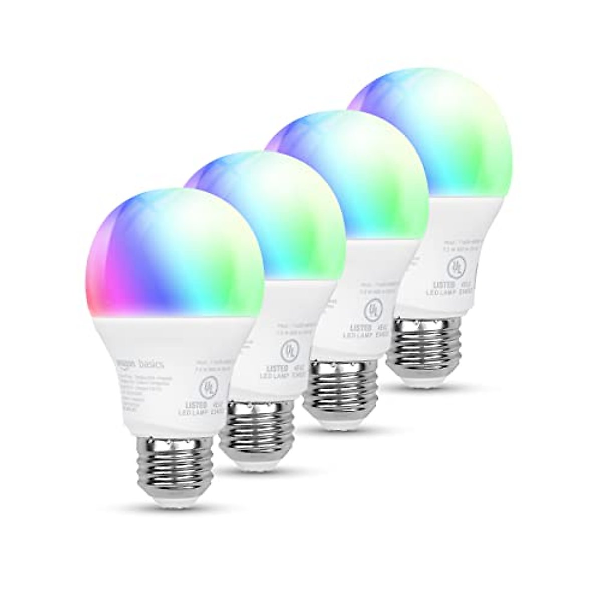 Amazon Basics Smart A19 LED Light Bulb, Color Changing, 60W Equivalent, 800LM, Works with Alexa Only, 2.4 GHz Wi-Fi, No Hub Required, 4-Pack