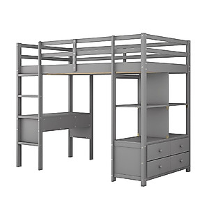 Harper & Bright Designs Twin Size Loft Bed with Desk and Storage, Wood High Loft Bed Frame with Shelves, Multifunctional Loft Bed Twin for Kids Teens Adults (Grey)