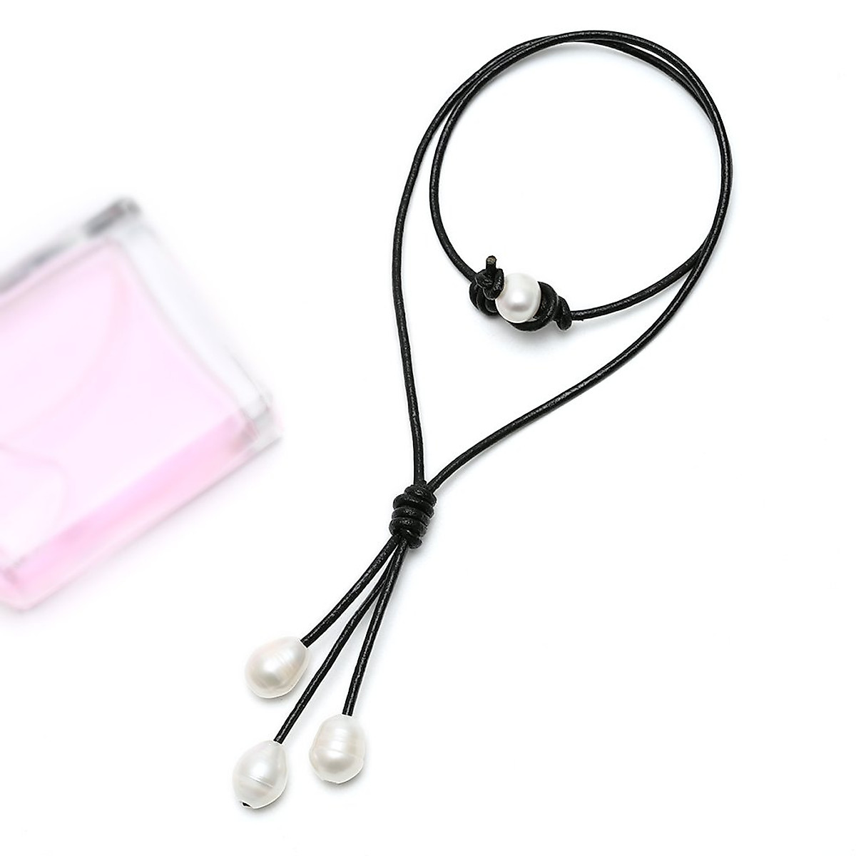 Pearlypearls 3 Freshwater Pearl Pendant Necklace on Black Leather Cord Jewelry for Women 18''