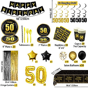 50th Birthday Decorations - Black and Gold Party Decorations, Black Gold Balloons, Banner, Plates, Napkins, Cups, Tablecloth, Birthday Party Supplies for Women and Men, Serve 20