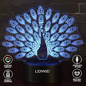 LJOYKID 3D Led Night Light Lamps - Optical Illusion 7 Colors Touch Table Desk Visual Lamp with Remote Control for Gifts for Children Kids (Peacock)
