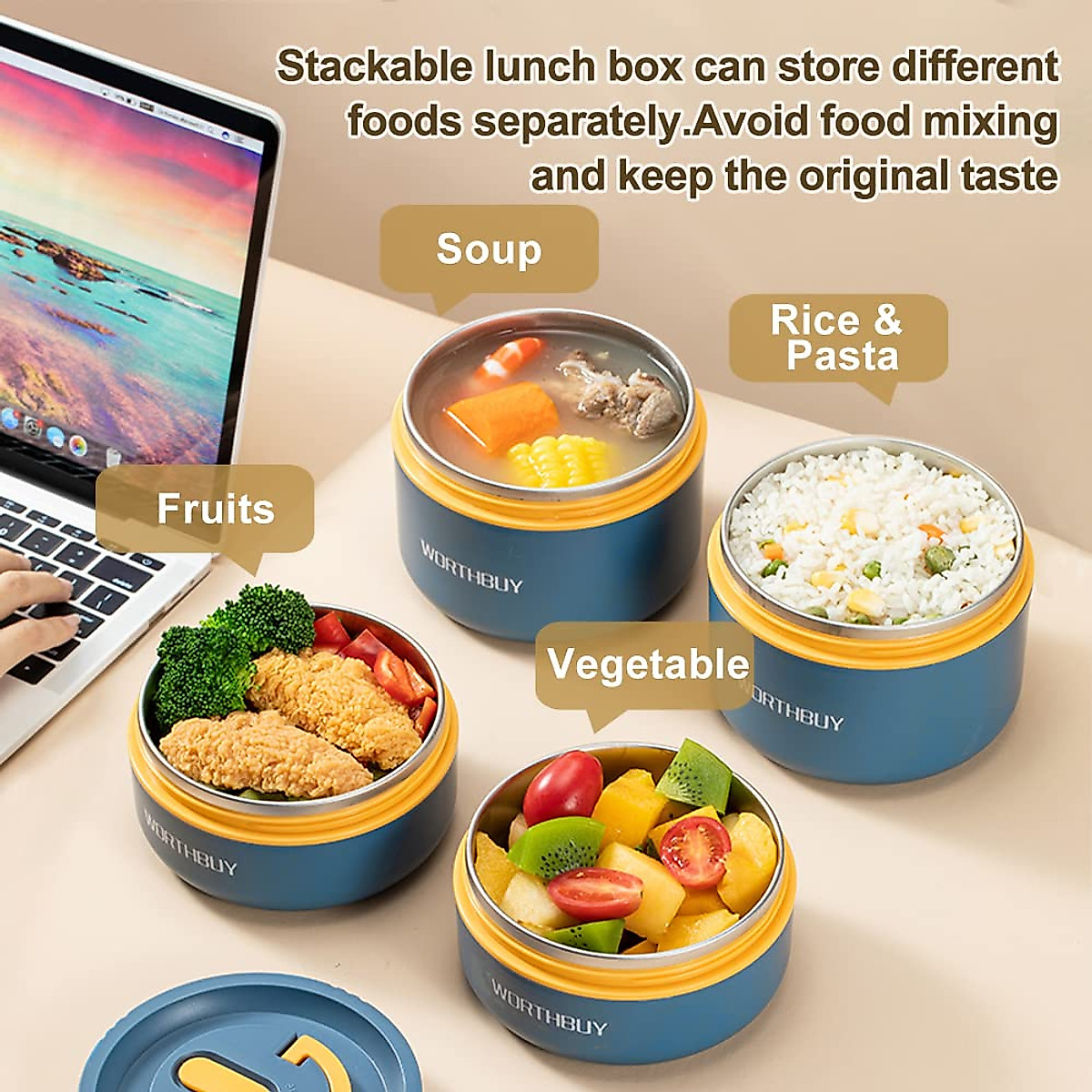 VANDHOME Portable Insulated Lunch Box Set, Microwave Safe Thermal Bento Lunch Container For Adults Kids, 18/8 Stainless Steel Keep Warm Food Container With Bag & Sauce Box (Blue 3Pcs 60oz)