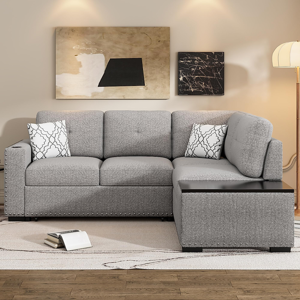 P PURLOVE Sectional Sofa with Pull-Out Sleeper Sofa Bed, Reversible Sectional Sofa with Storage Chaise, L Shaped Couch with Coffee Table for Living Room (Light Gray)