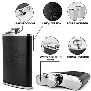 Rush1 8oz Leather Flask for Men – Custom American Flag Skull Design – Wrap Stainless Steel Set with Funnel and 2 Shot Glasses – Ideal for Whiskey or any Liquor.