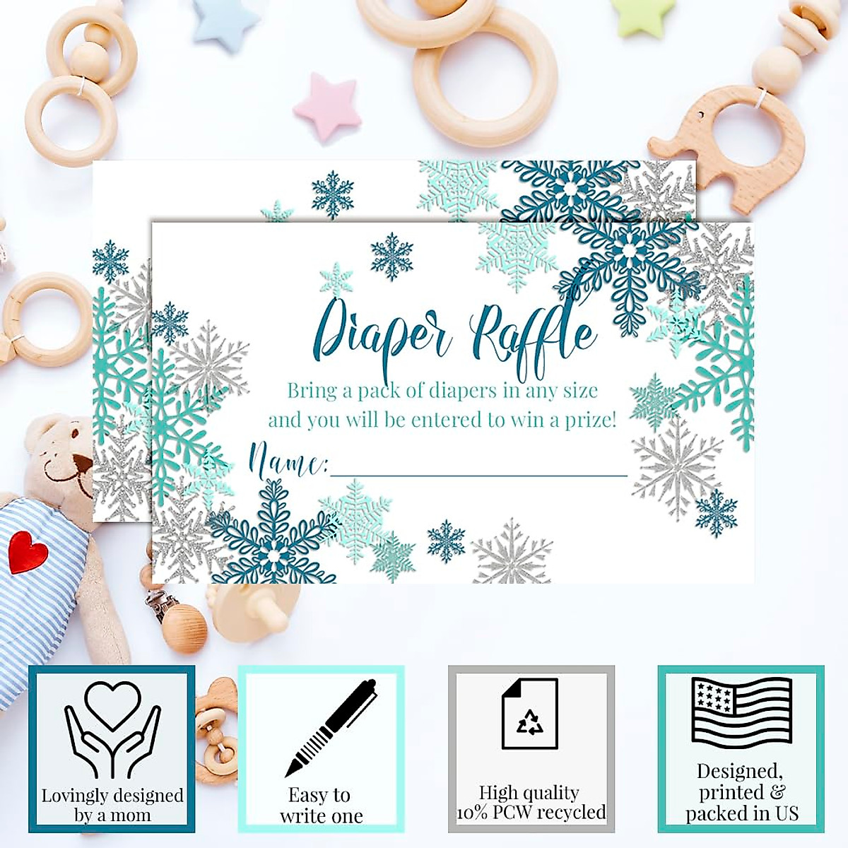 Amanda Creation Blue and Silver Snowflake Diaper Raffle Tickets for Boy Baby Showers, 20 2" X 3” Double Sided Insert Cards for Games, Bring a Pack of Diapers to Win Favors & Prizes!