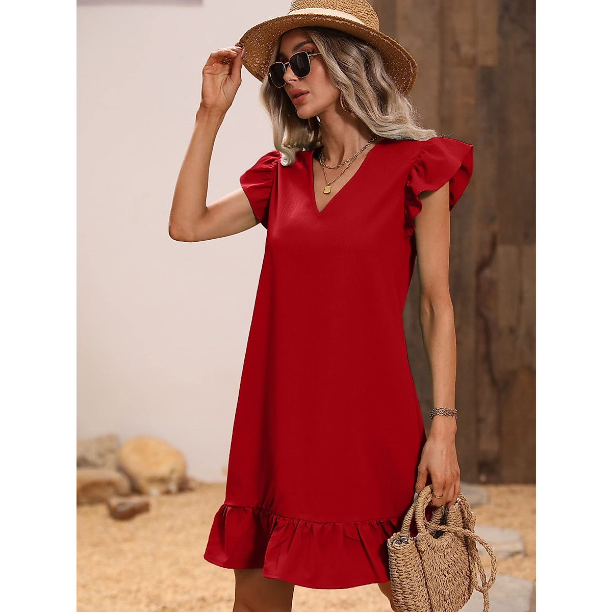 SOLY HUX Summer Dresses for Women V Neck Cap Sleeve Ruffle Hem Smock Short Dress Plain Red XL