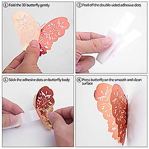 Senkary 72 Pieces (3 Sizes 3 Styles) Rose Gold 3D Butterfly Wall Stickers Wall Decorations Removable Metallic Paper Decals for Home Kids Bedroom Nursery Decor