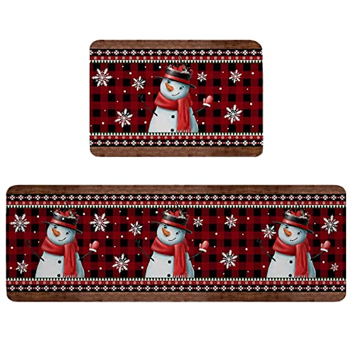 Kitchen Mat Rug Set of 2 Christmas Snowman Snowflake on Red and Black Buffalo Check Runner Rug Anti-Fatigue Comfort Memory Foam Standing Mat Non-Slip Floor Door Mat for Bedroom 18x30in+18x60in