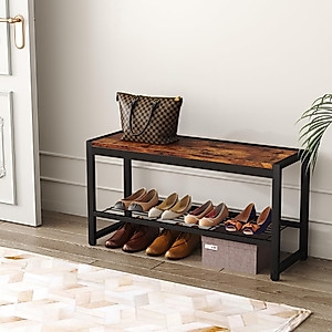 HOMEFORT Shoe Bench, Modern Industrial Shoe Storage Bench, Entryway Bench with Mesh Shelf and Sturdy Metal Frame, Metal Shoe Rack with Durable MDF Top for Hallway, Mudroom, Living Room, Rustic Brown