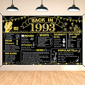 DARUNAXY 30th Birthday Black Gold Party Decoration, Back in 1993 Banner 30 Year Old Birthday Party Poster Supplies Vintage 1993 Backdrop Photography Background for Men & Women 30th Class Reunion Decor