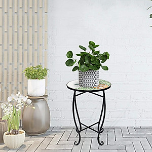 display4top Mosaic Round Outdoor Accent Table,Plant Flower Stand,Round Side Table (Yellow)