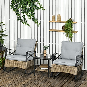 Outsunny 3 Piece Patio Rocking Chair Set, Outdoor Wicker Bistro Set with 2 Cushioned Porch Rockers, 2 Tier Coffee Table, for Gaden, Patio, Light Gray